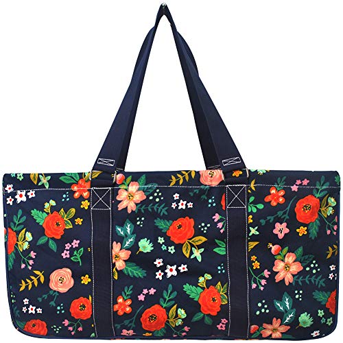 NGIL Extra Large Utility Tote Reusable Grocery Bag Oversized Collapsible for Groceries, Storage, Picnic, Beach (Floral Pattern-navy)