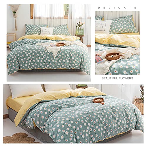 Sage Green Floral Duvet Cover Twin Soft Cotton Bedding Set Daisy Floral Printed on Green Bedding Duvet Cover, Modern Botanical Comforter Set with Zipper Closure