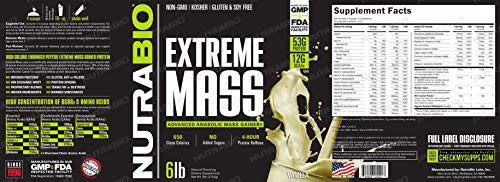 NutraBio Extreme Mass - 53G Protein - Advanced Anabolic Muscle Mass Gainer Protein - High Calorie - Full Spectrum Amino Acid - Vanilla, 6 Pound