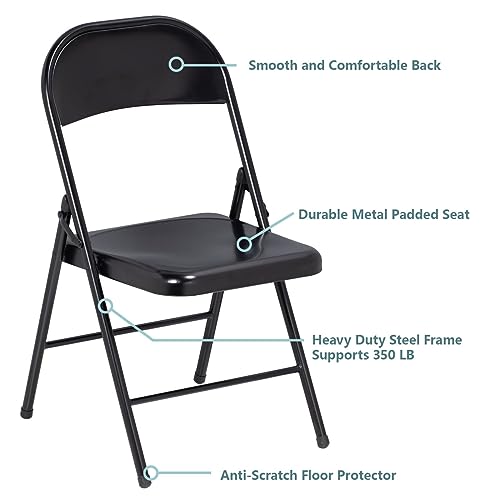 Nazhura 4 Pack Black Metal Folding Chair with Steel Seat and Double Braced Frame, Foldable Chairs for Parties, Meetings and Outdoor Events, No Assembly Required (Black, 4 Pack)