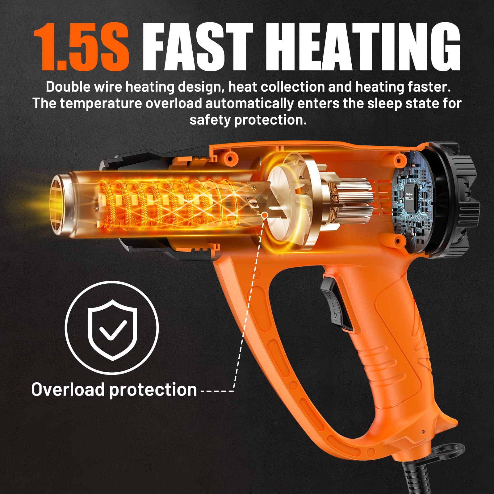 SEEKONE Heat Gun 1800W Heavy Duty Hot Air Gun Kit Variable Temp Control with 2-Temp Settings 7 Accessories 140℉-1112℉(60℃- 600℃)with Overheat Protection for Crafts, Shrinking PVC, Stripping Paint