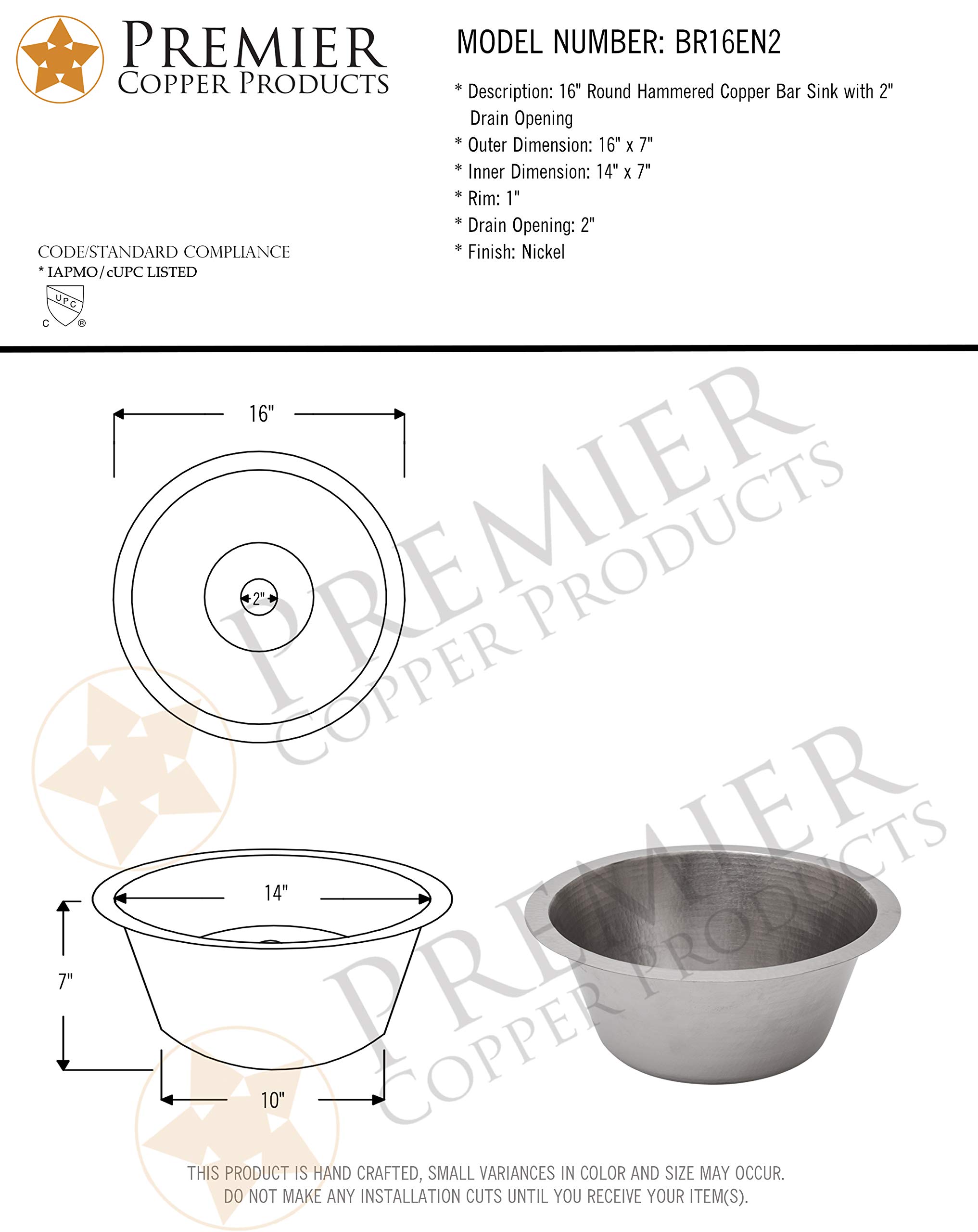 Premier Copper Products BR16EN2 16-Inch Round Hammered Copper Bar Sink in Nickel with 2-Inch Drain Size