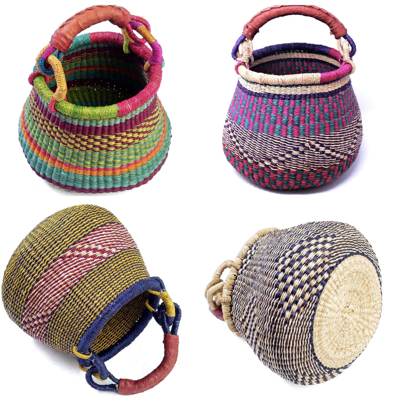Market Basket Handwoven in Ghana Pot Shopping Bolga Leather Handle Storage African Basket (Large)