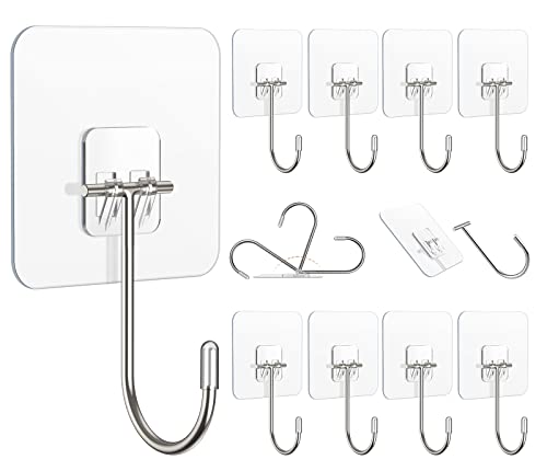 MUSICATE Large Adhesive Hooks, Transparent Self Adhesive Wall Hooks Heavy Duty 22 LB Waterproof Sticky Hooks Reusable Seamless Hooks Utility Hooks for Bathroom Kitchen Ceiling Office 10 Packs