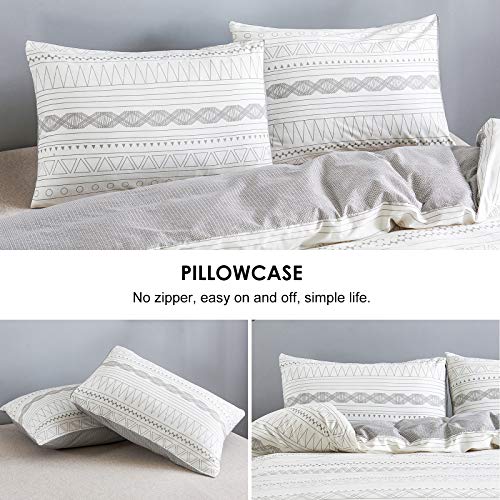 WARMDERN Grey Stripe Boho Duvet Cover Set King, 3pcs Ultra Soft Breathable Aztec Cotton Comforter Cover with Zipper Ties, 1 Bohemian White Duvet Cover & 2 Pillowcase(King,Grey)