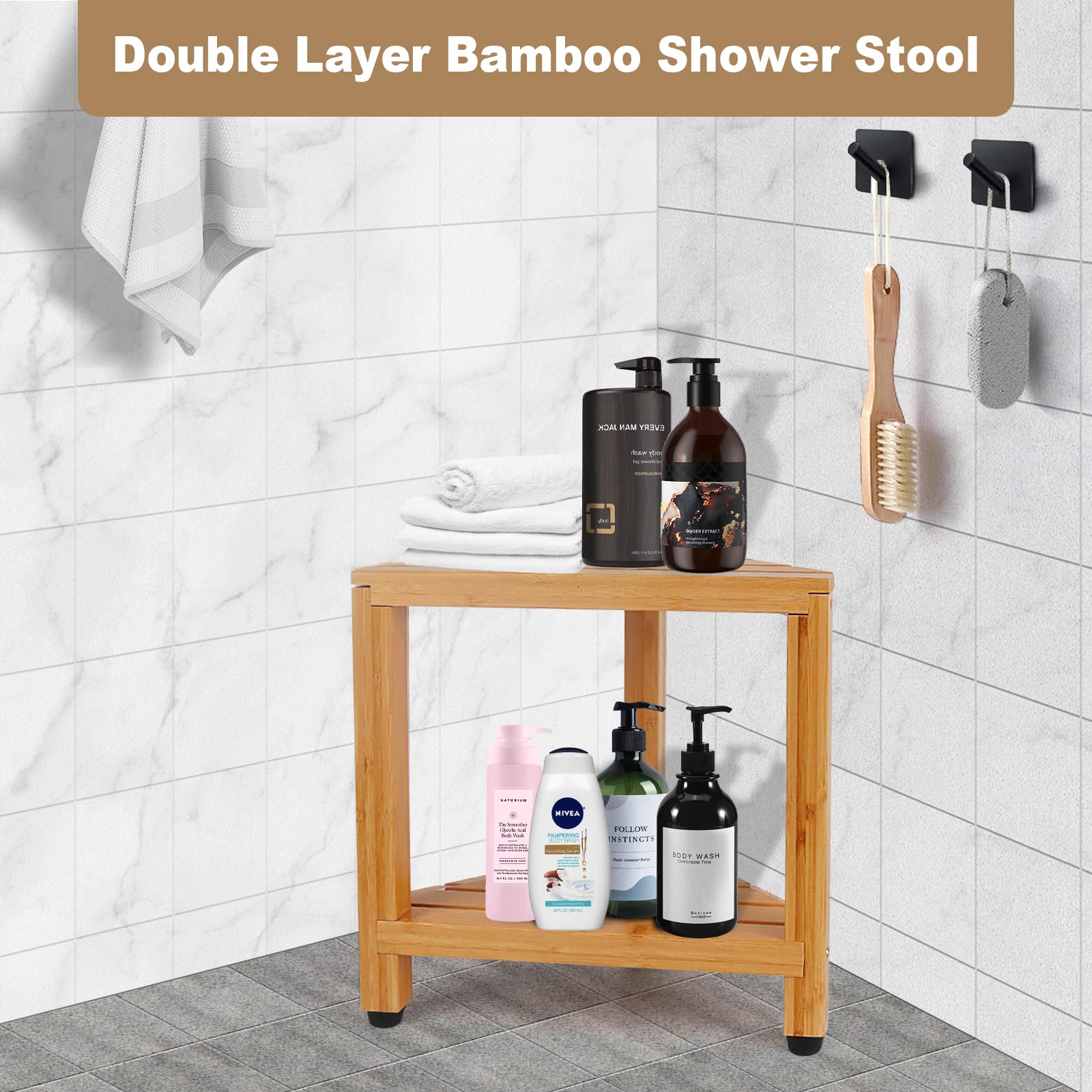 MISSEND Shower Foot Rest 13 in, Wood Shower Stool for Shaving Legs,Corner Bath Shower Bench with Starage Shelf for Inside Small Shower Spaces - Water Resistant