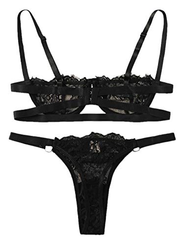 SheIn Women's 2 Piece Sexy Lace Strap Bralette Bra and Panty Lingerie Set Push Up Black Small
