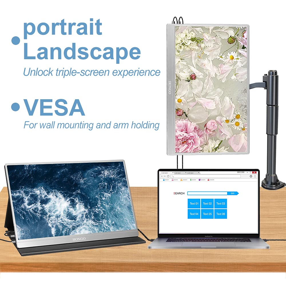 HONGO Portable Monitor 15.6'' 1080P FHD USB-C Portable Laptop Monitors Smart Cover & Dual Speaker, HDMI Computer Display IPS HDR External Gaming Monitor for PC Phone Mac Xbox PS4 Switch (P16B)