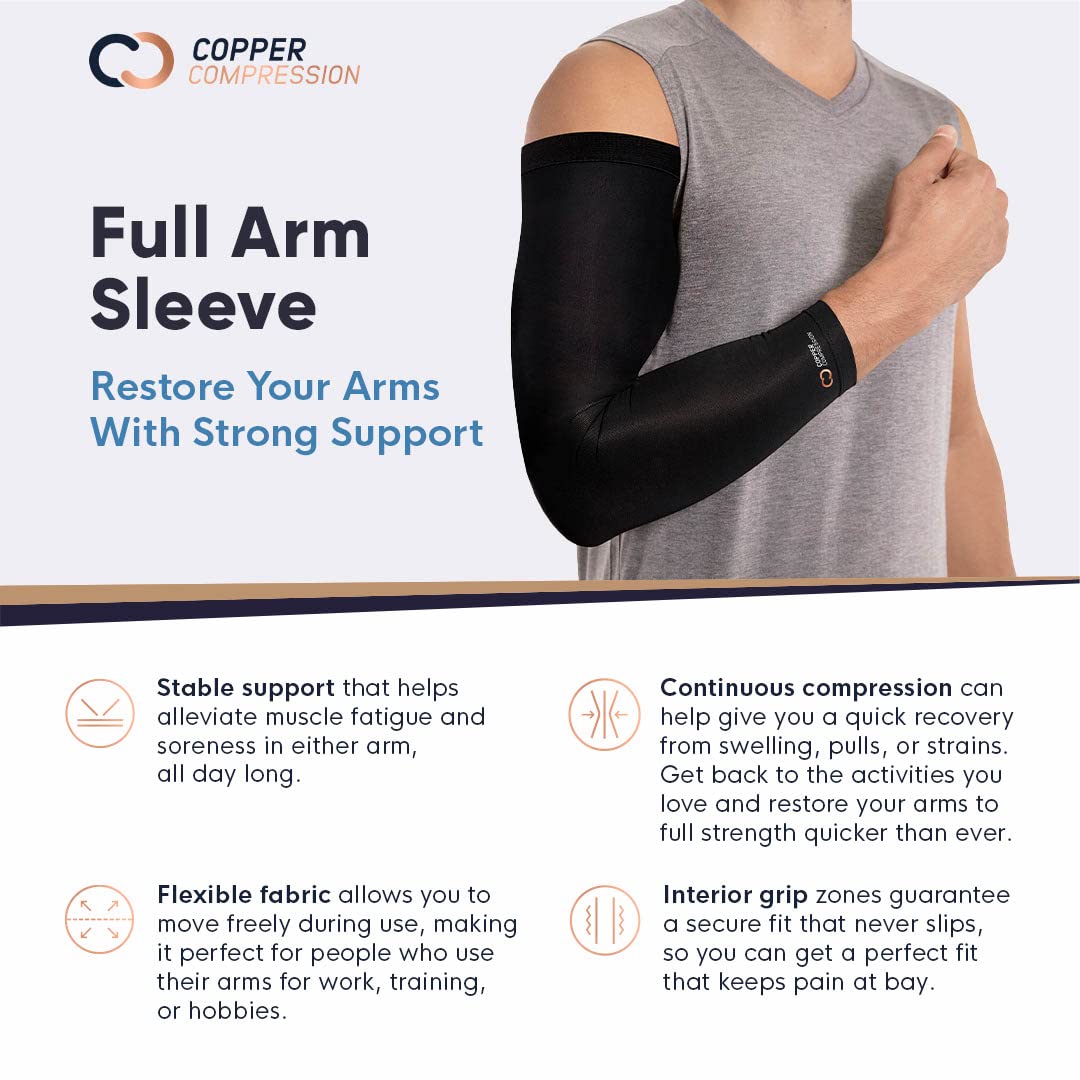 Copper Compression Arm Sleeve - Copper Infused Full Arm Brace for Forearm, Bicep, Triceps - Tennis Elbow, Basketball, Golf, Arthritis, Tendonitis, Bursitis, Post Surgery Rehab - Black - M