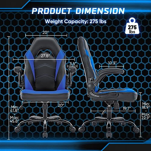 OLIXIS Ergonomic Office Computer Gaming Chair with Lumbar Support Flip-up Arms Adjustable Height PU Leather Swivel with Wheels, 25.98D x 25.39W x 41.73H, Blue