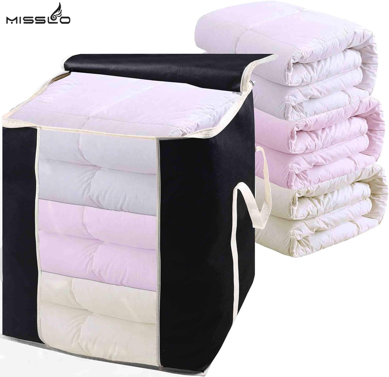 MISSLO King Comforters Storage Bag 120L for Blankets Clothes Sweaters Beddings Organizer with Reinfored Handles Non-Metal Fabric Storage Bin Organizer, Black
