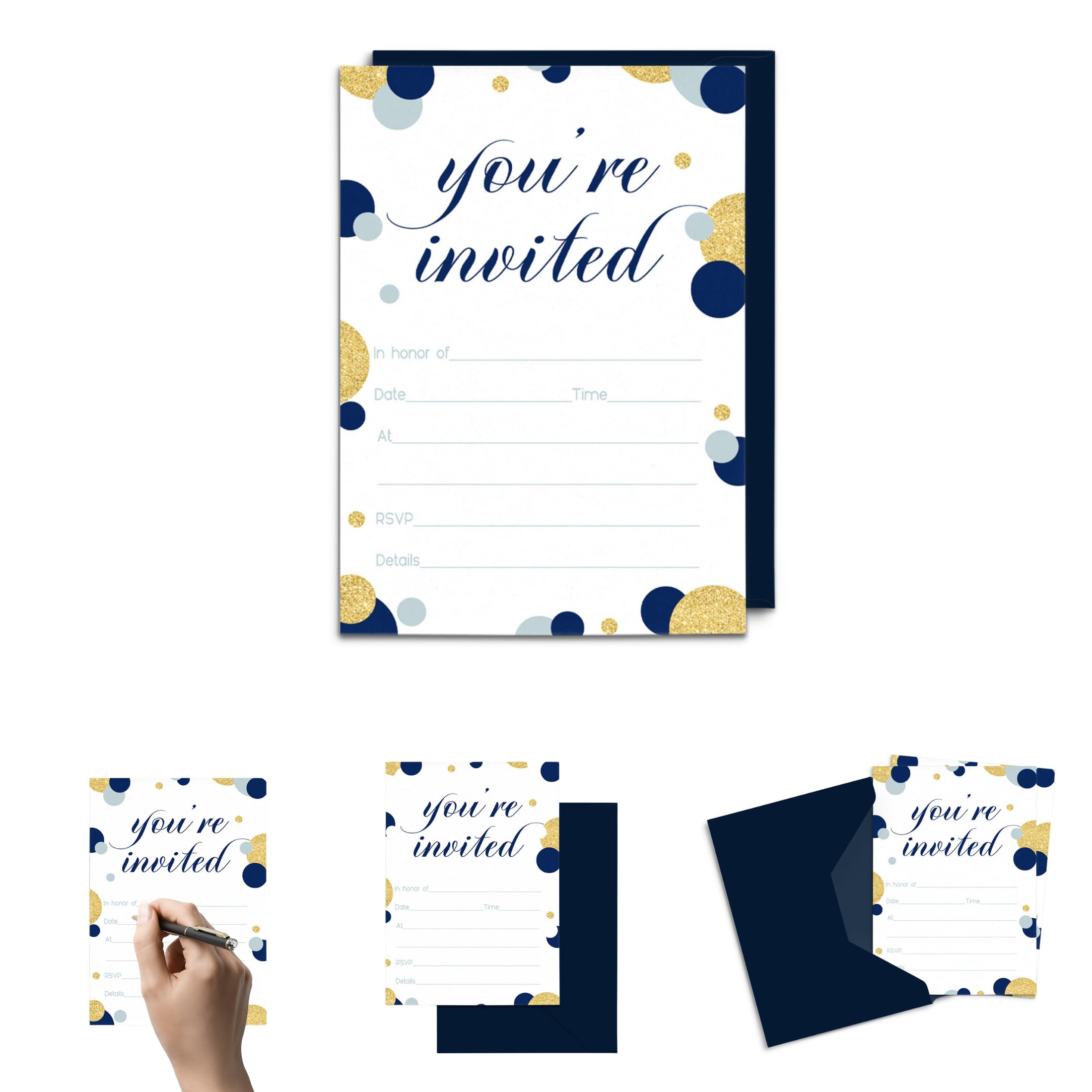 Navy and Gold Invitations with Envelopes (15 Pack) All Occasion Invites for Boys Baby Shower, Graduation, Birthday, Retirement, Luncheon β Royal Theme Abstract Dot β Blank 4x6 Card Set Printed