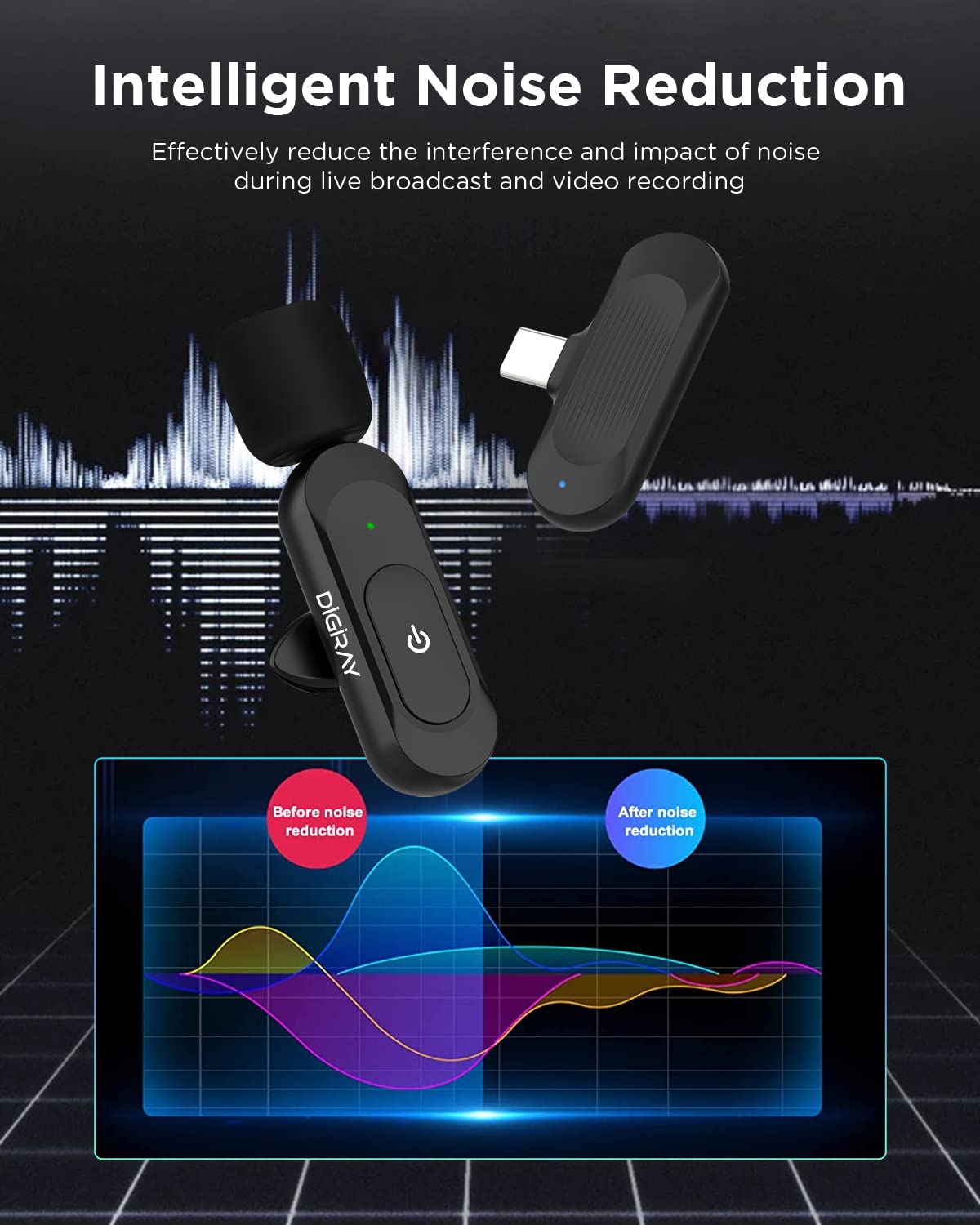 Digiray Wireless Lavalier Microphones for iPhone Video Recording, ipad, YouTube,TikTok - Professional Cordless Lavalier Microphone USB C Port with Noise Cancellation Mic -Black