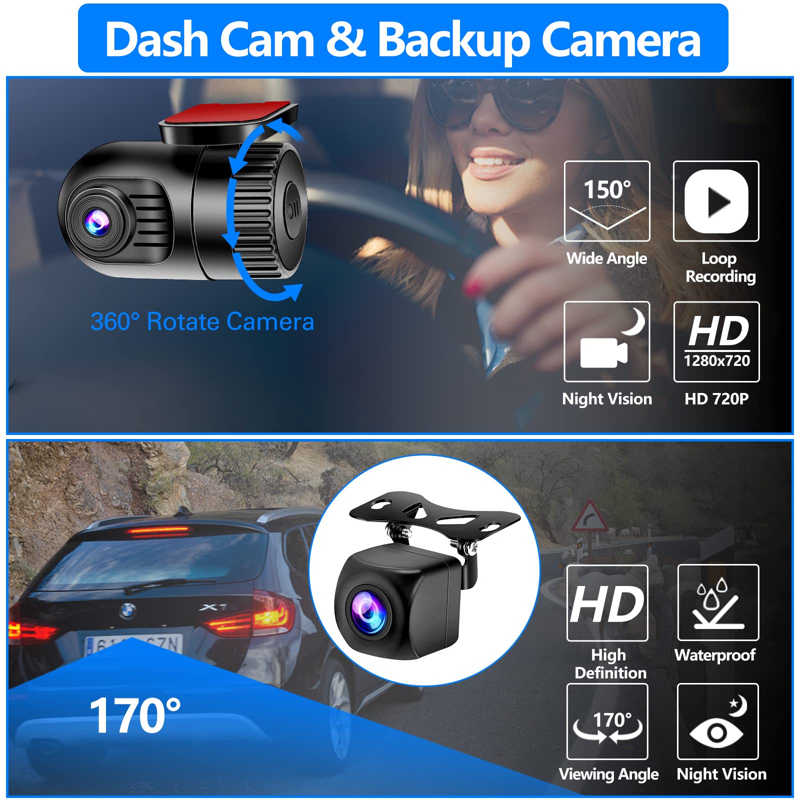 Double Din Car Stereo with Apple CarPlay, Android Auto, Dash Cam, Backup Camera, Bluetooth, Mirror Link, 7-inch Full HD Touchscreen, Subw, SWC, USB/TF/AUX, AM/FM Car Radio
