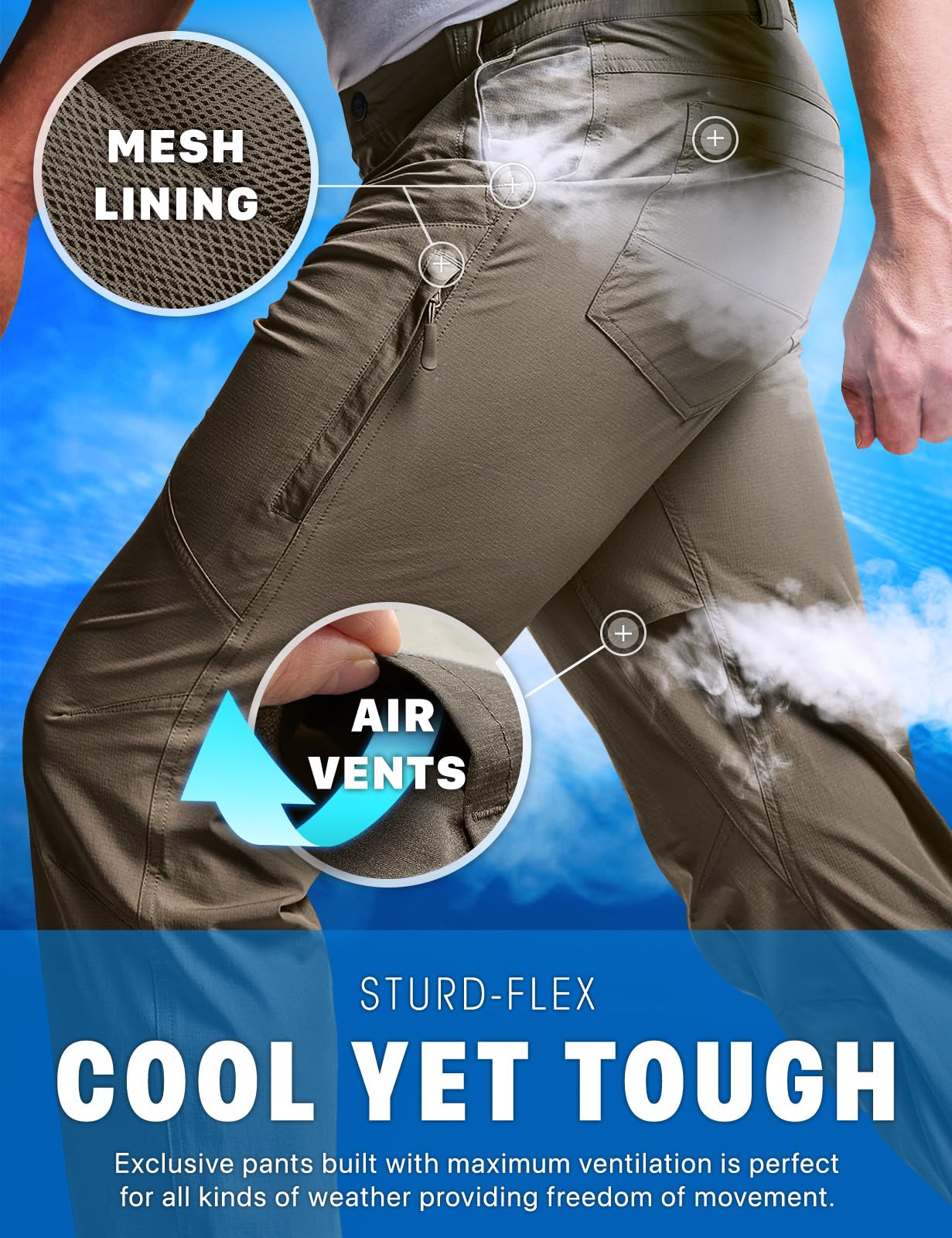 CQR CLSL Men's Vent Stretch Pants, Cool Dry Lightweight Casual Cargo Pants, Water Resistant Straight-Fit Utility Work Pants, Shenandoah Sand khaki, 36W x 32L
