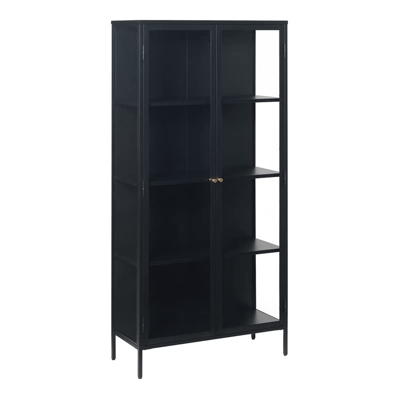 Nyhus AMZ-42040602 Modern Tempered Glass & Steel Storage Cabinets with Adjustable Feet, 4 Shelves, Freestanding, Bookcases & Shelves for Home Office, Living Room, 15.75 x 35.5 x 75 in, Black/Clear
