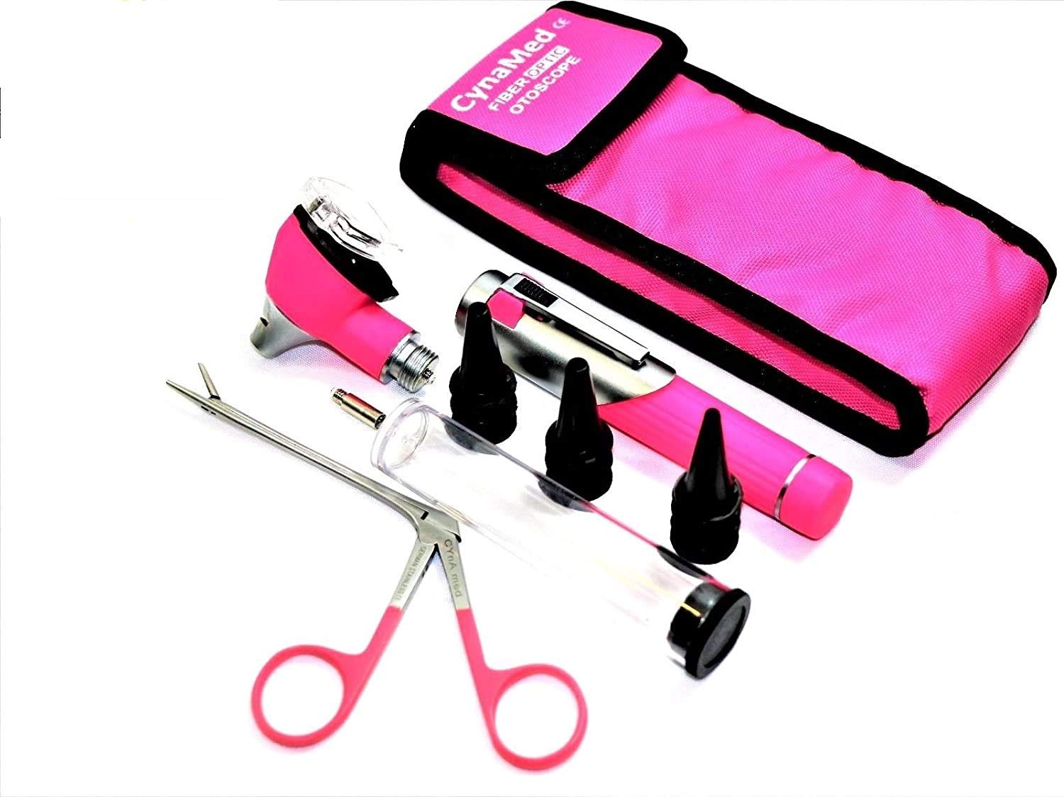 Premium Student Home Use Led Bright Light Ent Diagnostic Otoscope Pocket Size Pink Plus Alligator Ear Nose Forceps Plus 1 Extra Replacement Bulb Plus 10 Speculas Cynamed