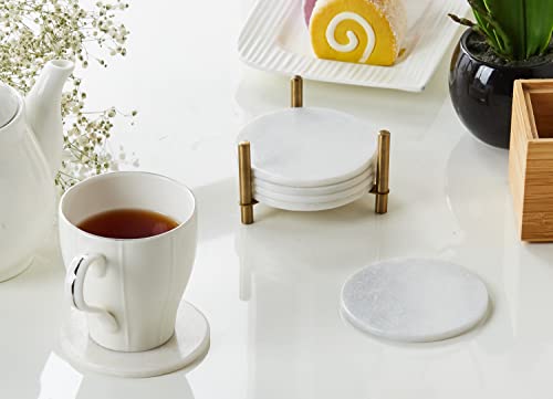 Queenza Marble Coasters for Drinks, Set of 6 Coasters with Holder, Pearl White Marble Coasters 3.5 Inch Wide 5 mm Thick Gold Coasters For Drinks, Both Side Polish For Scratch Free Surface Coaster Set