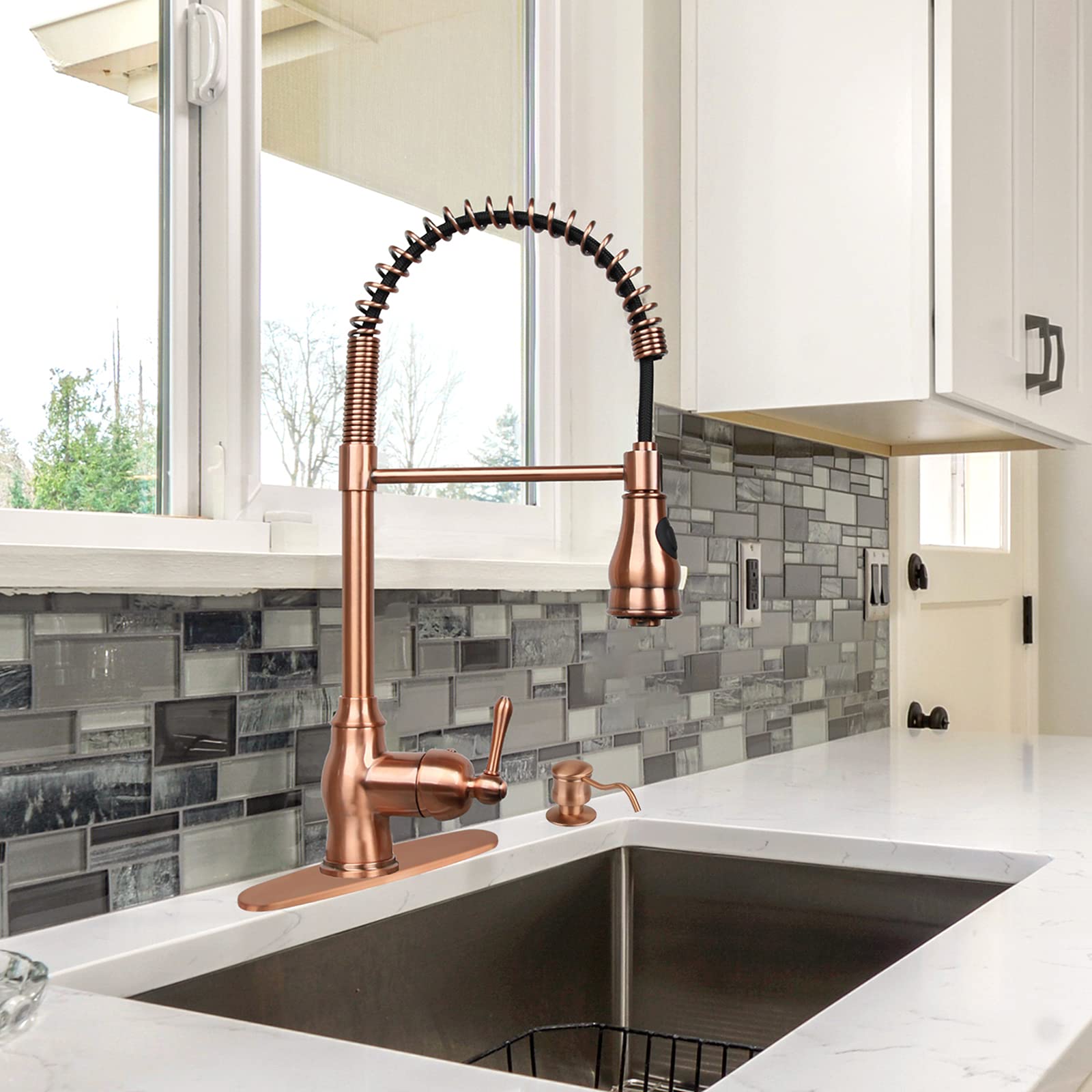 Copper Kitchen Faucet with Soap Dispenser, Single Handle Solid Brass High Arc Pull Down Sprayer Head Kitchen Sink Faucets with Deck Plate OH518