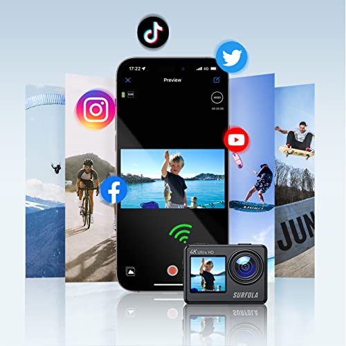 Waterproof Action Camera 4K-Ultra HD 60FPS 24MP 40M Underwater Helmet Vlog WiFi Camera,8X Zoom Touch Dual Screen EIS Stabilization Cam/Wireless Mic/Remote Control/Battery*2/Charger/Accessories Kit
