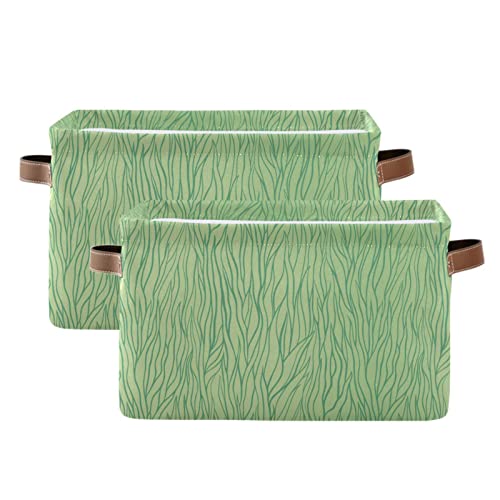 Kigai Bright Grass Square Storage Basket, Portable Leather Storage Basket for Office, Furniture, 14.2 L x 10.2 W x 8.3 H In