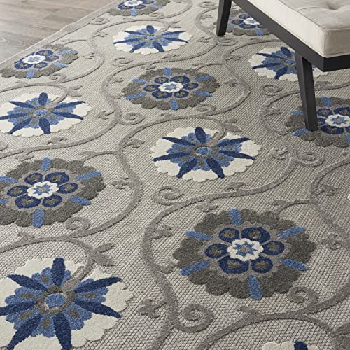 Nourison Aloha Indoor/Outdoor Grey/Blue 7'10" x 10'6" Area Rug, Easy Cleaning, Non Shedding, Bed Room, Living Room, Dining Room, Deck, Backyard, Patio (8x11)