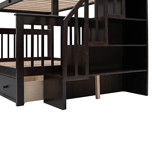 TARTOP Twin Over Full Bunk Bed with Drawer, Wood Bedfram w/Storage Stairway and Guard Rail for Bedroom, Dorm, Adults, No Box Spring Needed,Espresso