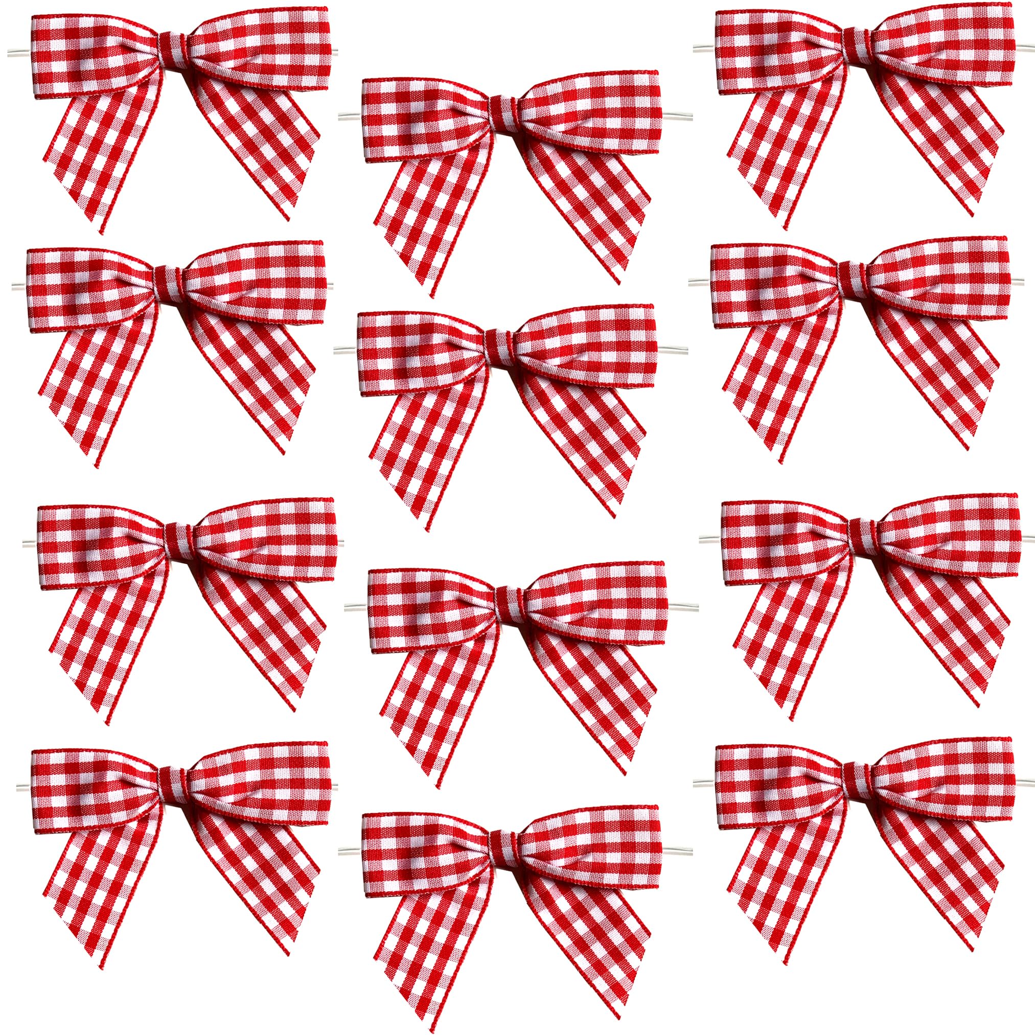 Red & White Gingham Pre-Tied Bows - 3" Wide, Set of 12, Buffalo Check, Plaid Gift Basket Decor, Wedding Embellishments, Party Favors, Birthday, Fall, Christmas, Valentine's Day