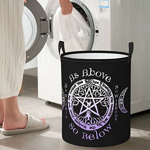 Waterproof Wiccan Pagan Witch Tripple Moon Pentagram Circular Hamper Round Laundry Baskets Foldable Laundry Bags For Family/Kids/Bathroom/Bedroom/Dorm Medium