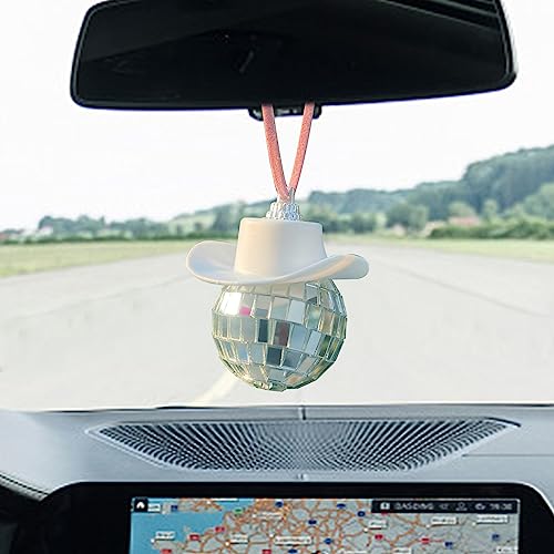 Mxkoso Disco Ball Car Accessory,Car Disco Ball Cowboy Hat, Disco Ball Car,Cute Car Disco Ball,Disco Ball Necklaces for Birthday Party Accessory, Disco Car Charm (A03)