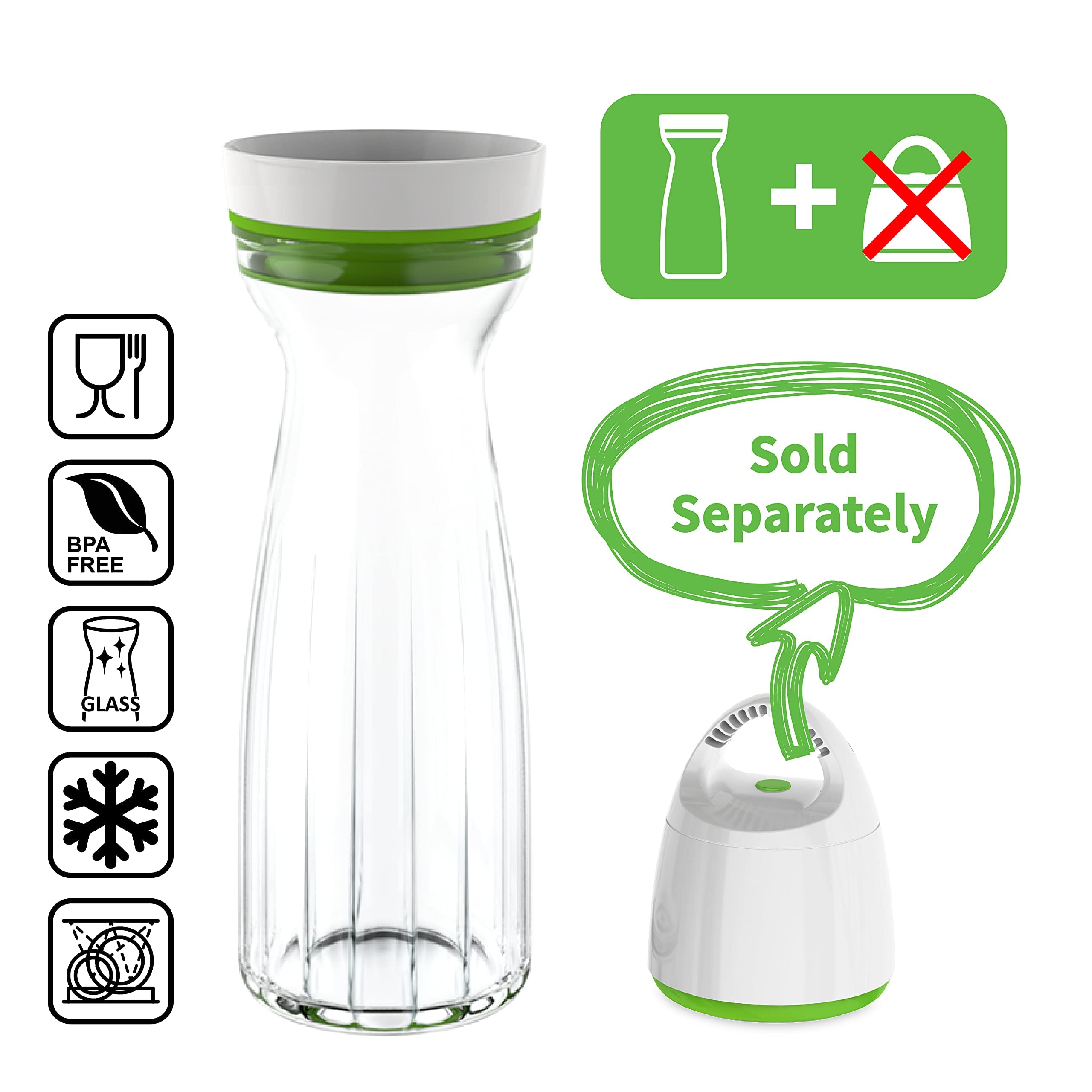 FOSA O2Go 1.2L (40oz) Vacuum Sealed Glass Jug with Lid, Glass Pitcher (Vacuum Pump not Included)