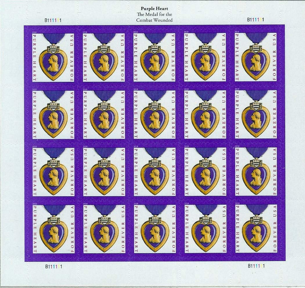 USPS Purple Heart and Ribbon with Frame, The Medal for The Combat Wounded (Sheet of 20) Postage Forever Stamps 2019 Scott #5419
