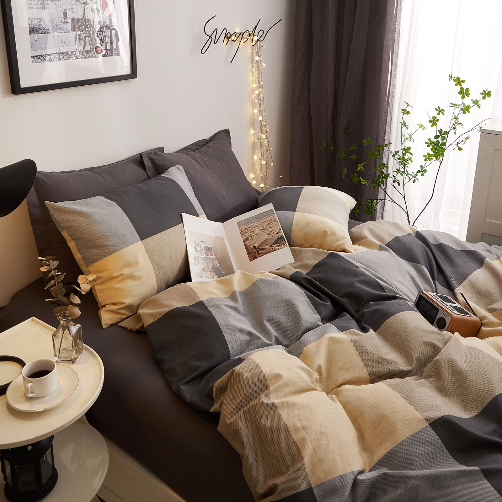 mixinni Queen Comforter Set Men Boys Geometric Checkered Plaid Printed Bedding Comforter for All Season Soft Lightweight Bedding Set-Queen Size