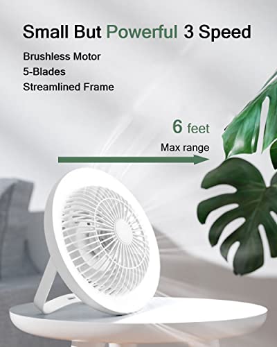 Small Desk Fan Battery Operated 8", 3 Speed Upgraded Max 20H Powerful Airflow, Circular LED Light, Rechargeable USB Fan, Table Fan for Camping, Bedside, Desk, Quiet Small Fan, 90° Tilt Stand