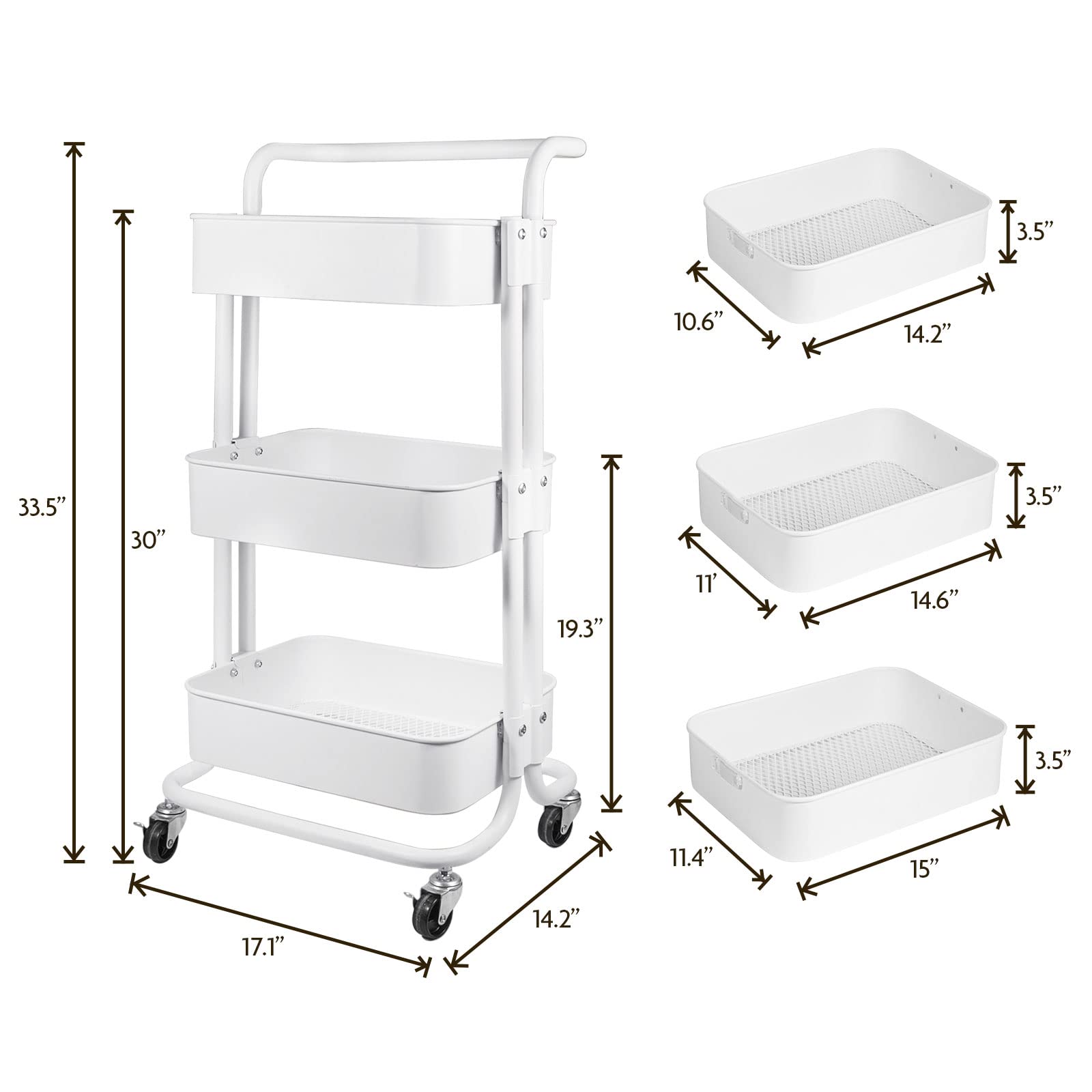 elabo 4-Tier Metal Mesh Utility Rolling Cart, Storage Organizer Trolley Services Cart with Lockable Wheels for Kitchen, Bathroom, Living Room (White)
