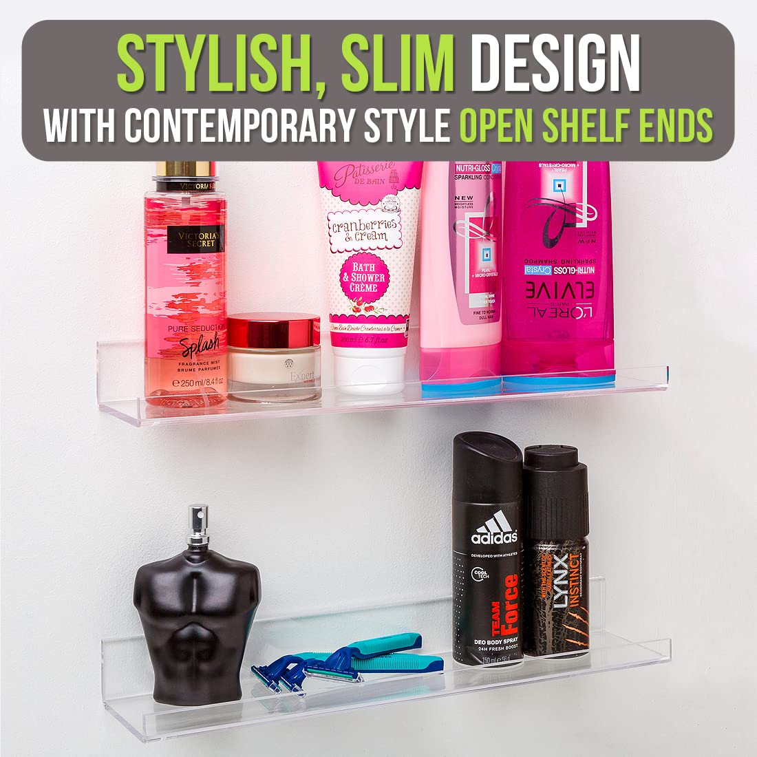 Pretty Display Invisible' Bathroom Shelf Wall Mounted [2 Pack] 15 inch Clear Acrylic Shelves Extra Strong & Easy to Wall Mount