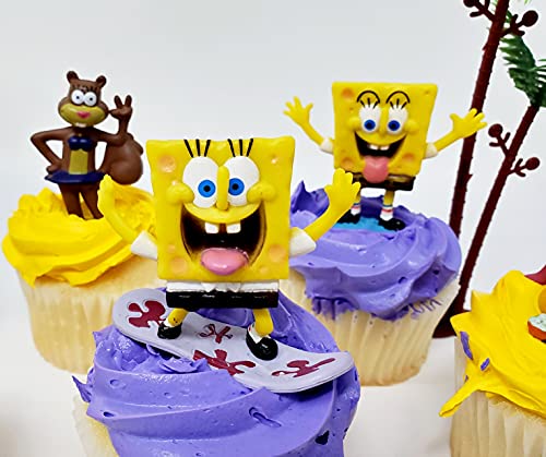 Spongebob Squarepants 11 Piece Birthday Cupcake Topper Set Featuring 2" to 3" Cupcake Toppers of Squidward, Sandy Cheeks, Patrick Star, Mr. Krabs, Plankton, Gary and More