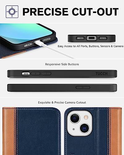 TUCCH Case for iPhone 13 Wallet Case 5G, [Card Holder] Slots Folio PU Leather Cover, Kickstand Flip Case with [TPU Shockproof Interior Case] Compatible with iPhone 13 6.1-inch 2021, Brown & Dark Blue