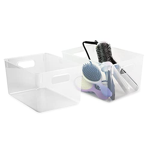 Isaac Jacobs 3-Pack Large Clear Storage Bins (11β L x 8β W x 6β H) with Cutout Handles, Plastic Organizer for Home, Office, Kitchen, Fridge/Freezer, Drawers, BPA Free, Food Safe (3-Pack, Large)