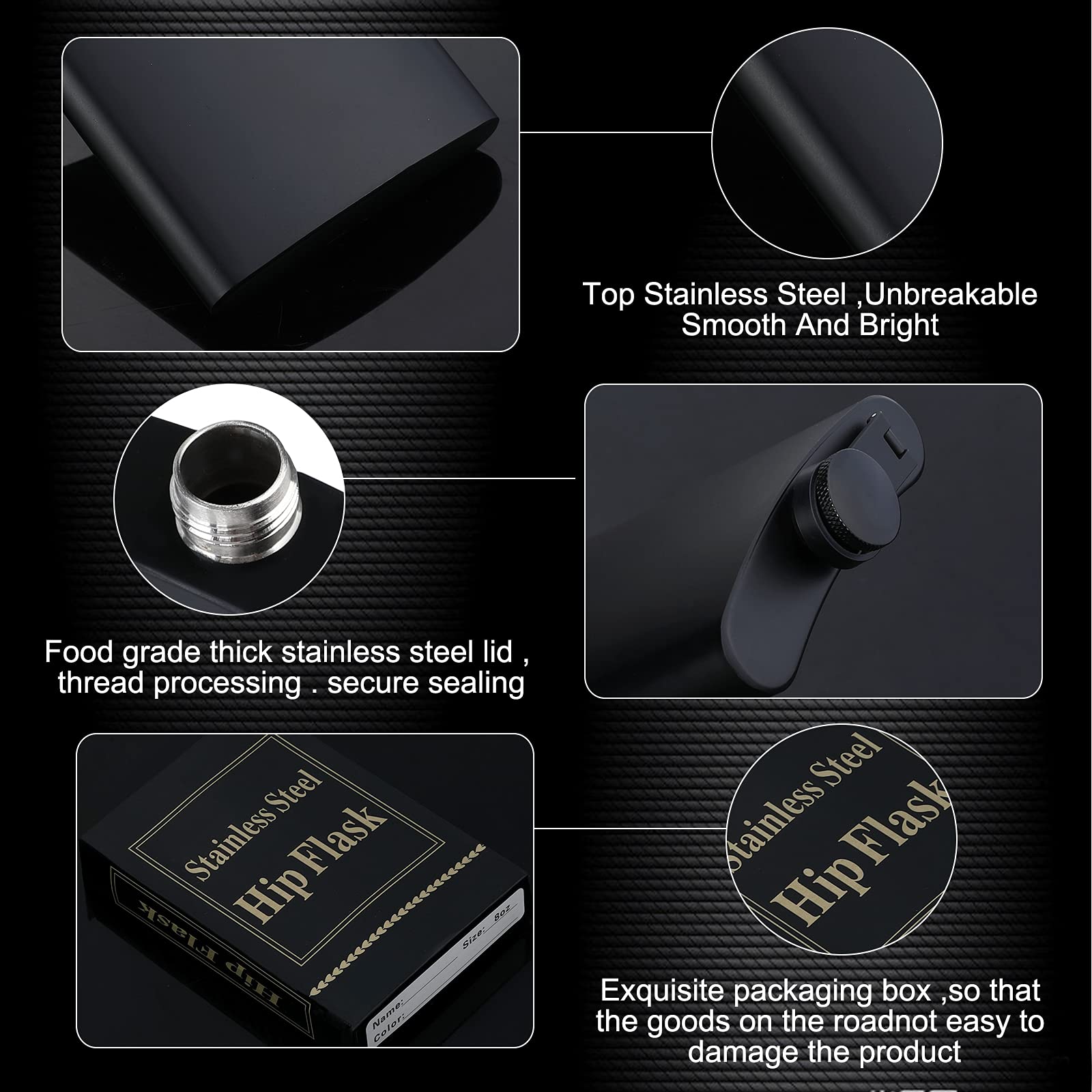 GADIEDIE10 Pcs Flasks for Liquor for Men, Matte Black 8 Oz Stainless Steel Leakproof and Funnel,with Never-Lose Metal cap,Hip Flask for Wedding Party Gift Outdoor Activities