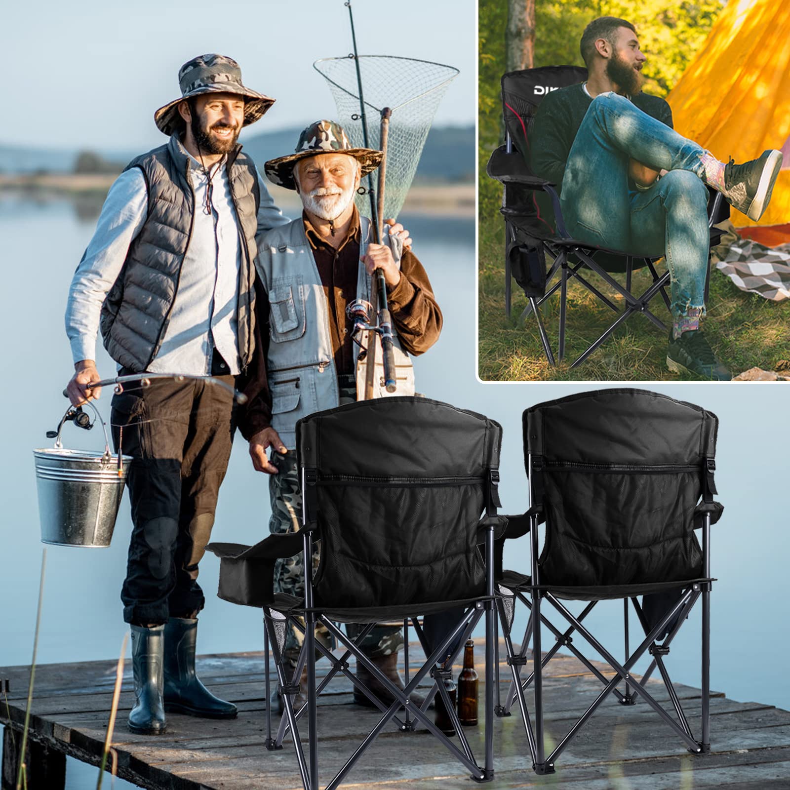 Diketone Camping Chairs for Adults Folding Camp Chairs with Cooler Bag Padded Camping Chairs for Heavy People Outdoor Oversized Camp Chairs Heavy Duty Supports 606 lbs Black