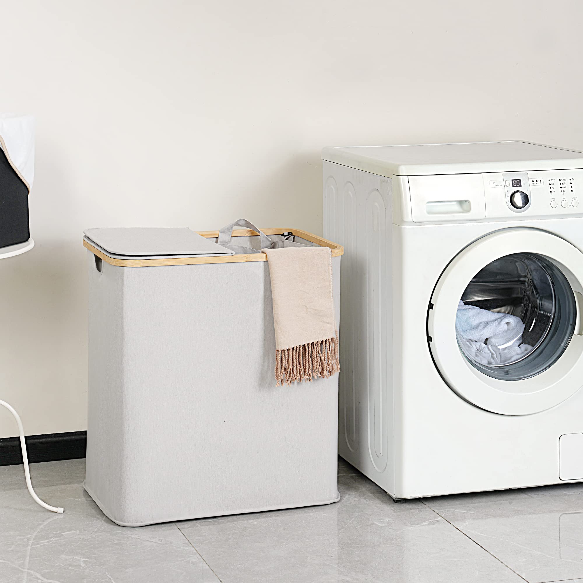 efluky Double Laundry Hamper with Lid, Divided Laundry Hamper with Removable Bags, 2 Section Dirty Clothes Basket with Handles for Bathroom, Bedroom & Laundry Room, 140L Light Grey