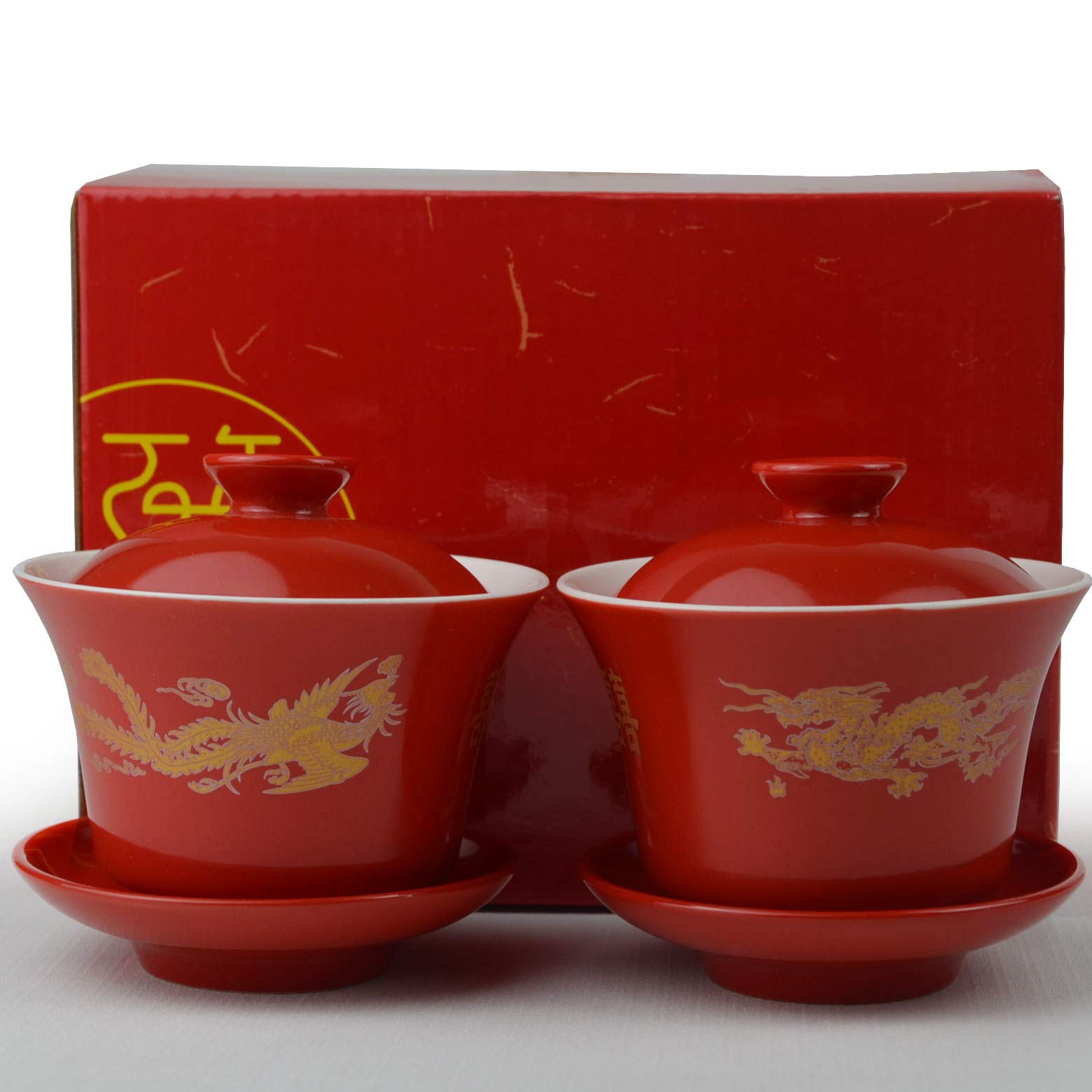 Gaiwan 2 Suits Porcelain Teacups 8oz Cups Chinese Dragon and Phoenix Cover Bowl Saucer Red tureen for Wedding Party (Dragon phoenix)