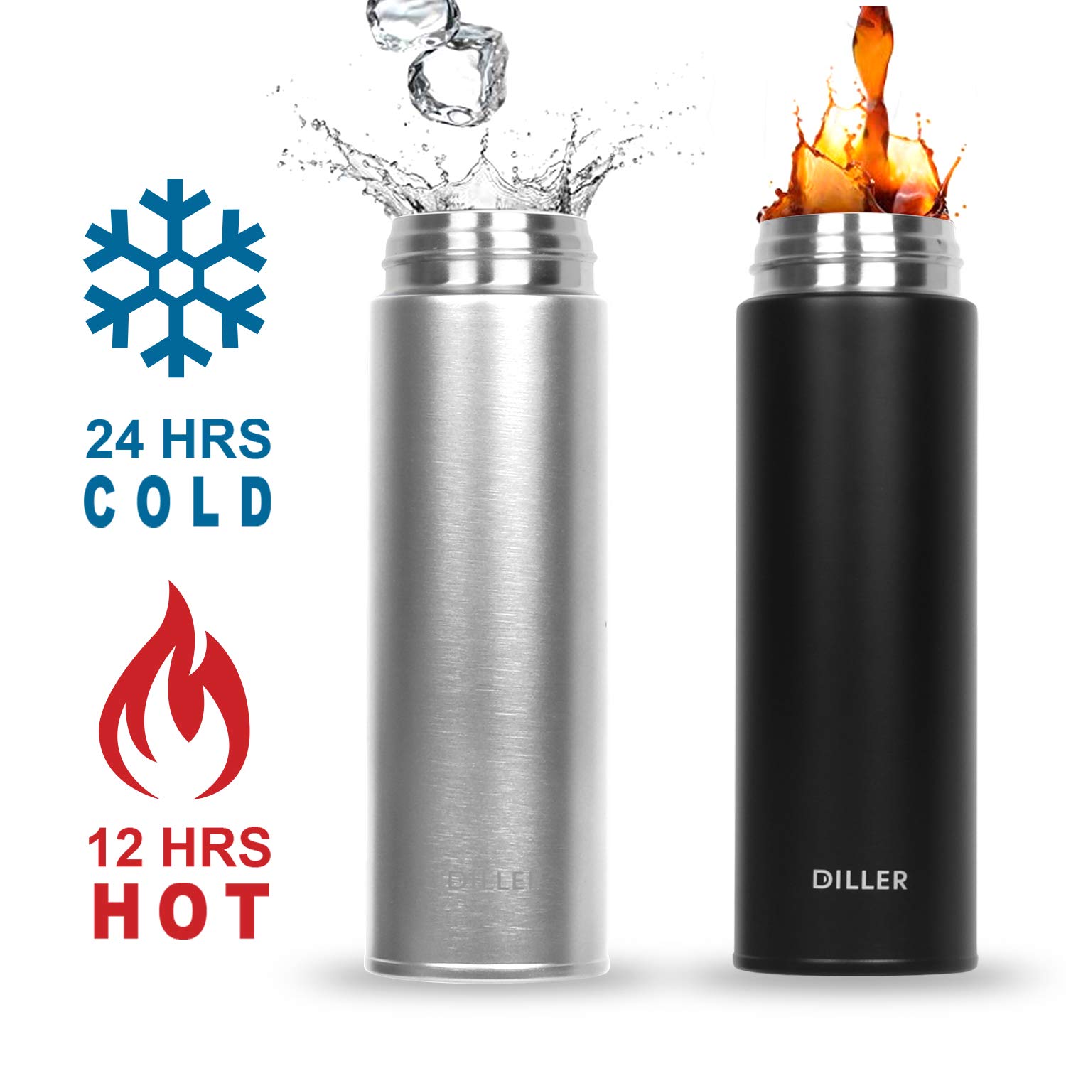 DILLER Vacuum Insulated Water Bottle,Stainless Steel Thermal Coffee Travel Mug BPA-Free Thermos Flask,Keeps Cold 24H, Hot 12H,17 oz (silver)