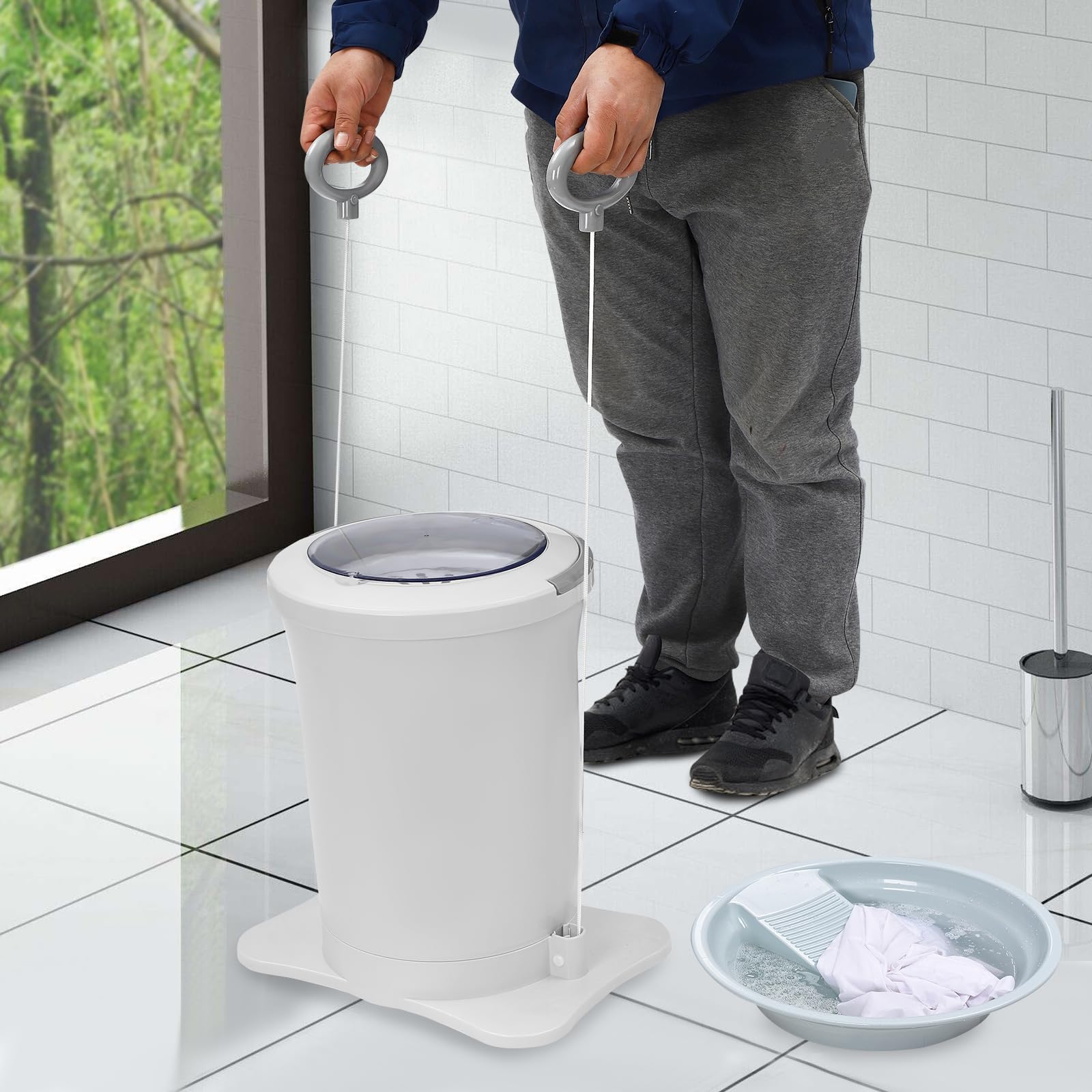 LIAPDG 12L/3.17 Gal Manual Dehydrator, Portable Foot Pedal Washing Machine Lightweight Manual Draw Cord Spin Dryer for Thick Duvet Covers, Bed Sheets in Traveling, Student Residence