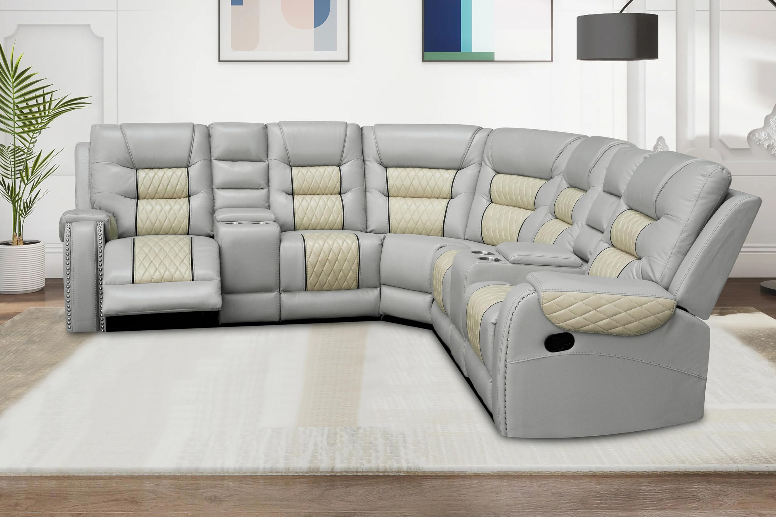 Hybition Manual Recliner Sectional Sofa Set with Cup Holders & Storage Box PU Leather L-Shaped Couch for Living Room Brown