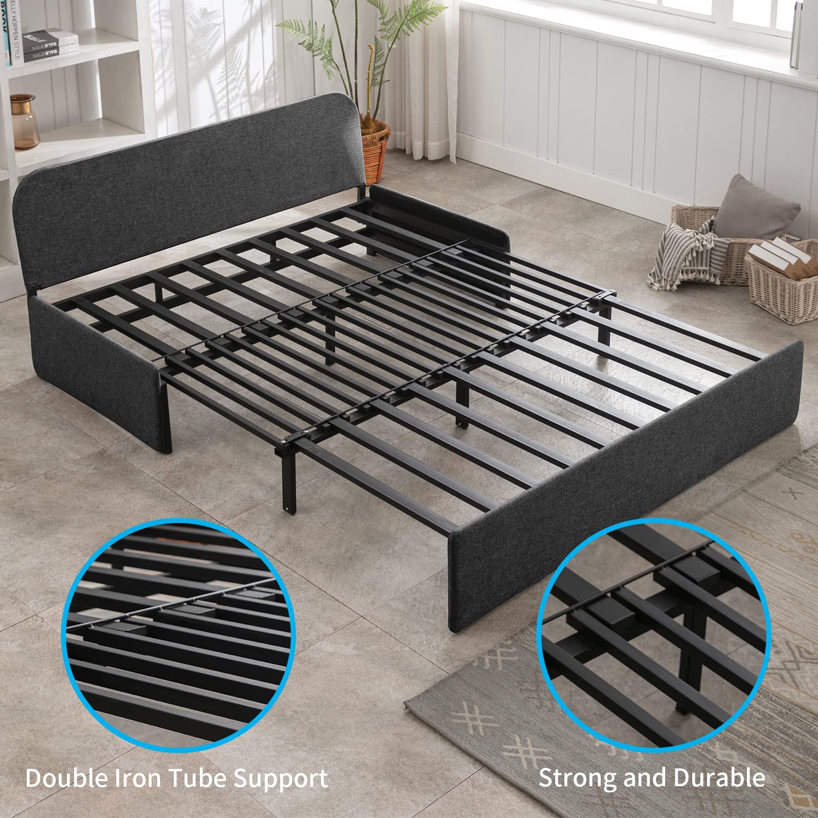 Mjkone Queen Size 2 in 1 Convertible Sofa Bed, Linen Loveseat with 1 Foldable Mattress and 2 Cushions, Pull Out Sleeper Sofa,Couch Bed for Small Place, Apartment and Office - Dark Gray
