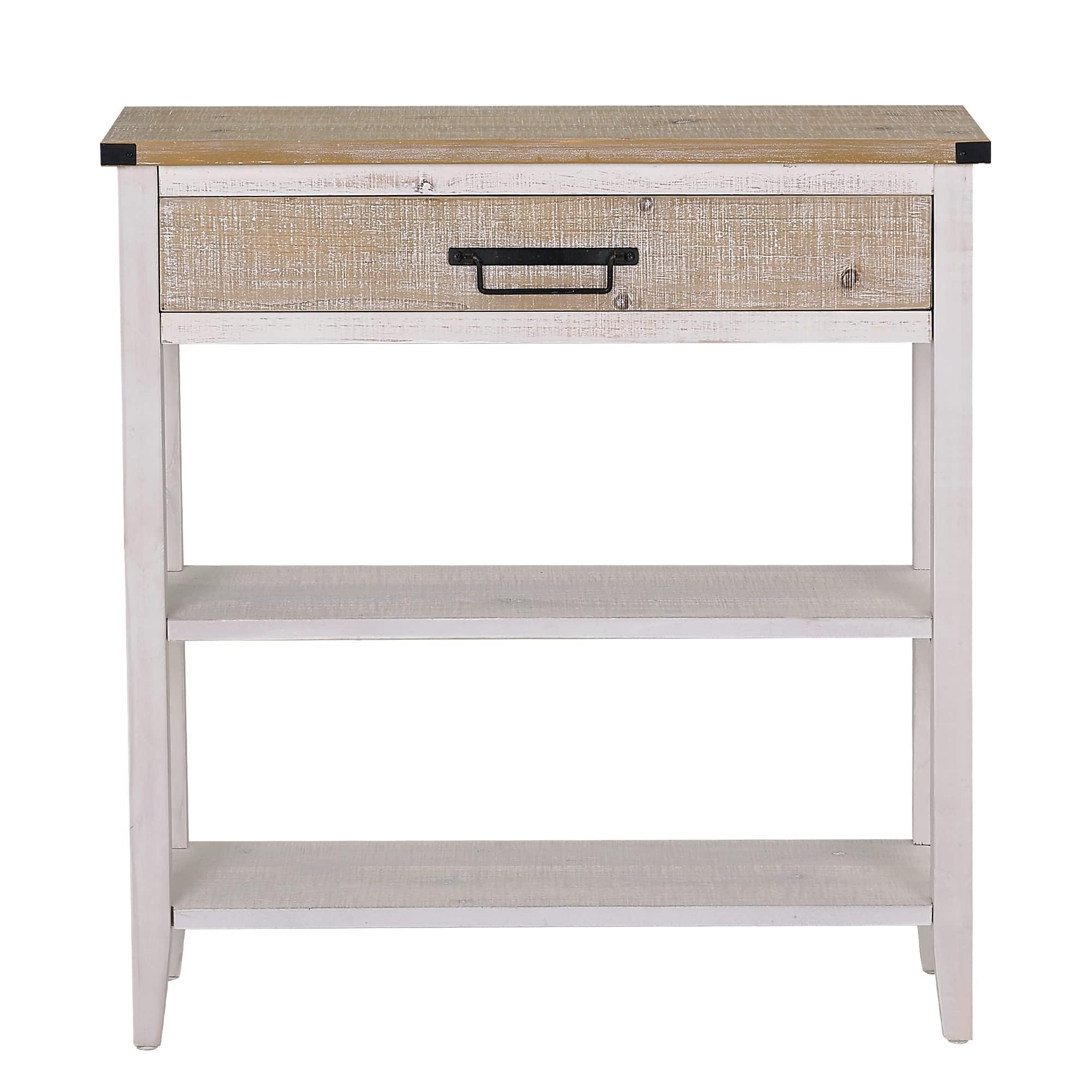 RUSTOWN Farmhouse Console Table with Drawer, 3-Tier Rustic Entryway Table with Open Storage Shelves and Handmade Metal Handle, Narrow Foyer Sofa Table for Living Room, Entryway, Hallway (Washed White)
