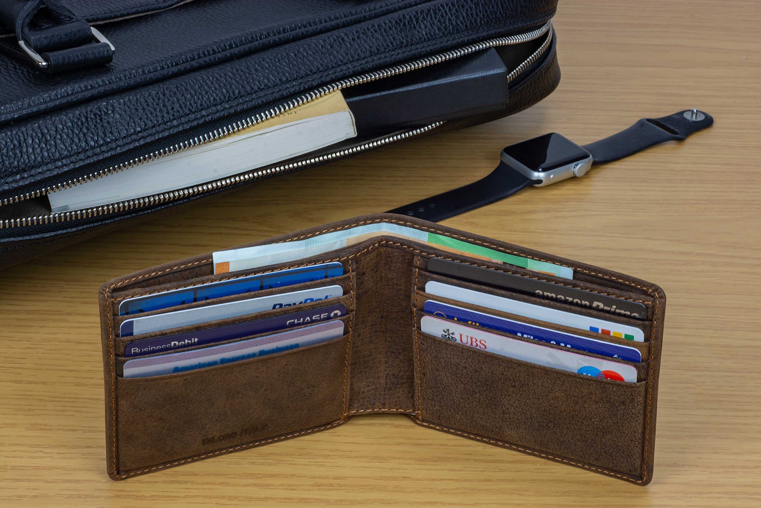 DiLoro Men's Slim Minimalist Bifold Genuine Full Grain Real Buffalo Leather with RFID Double Money Long Pocket and 8 cards (Dark Hunter Brown)