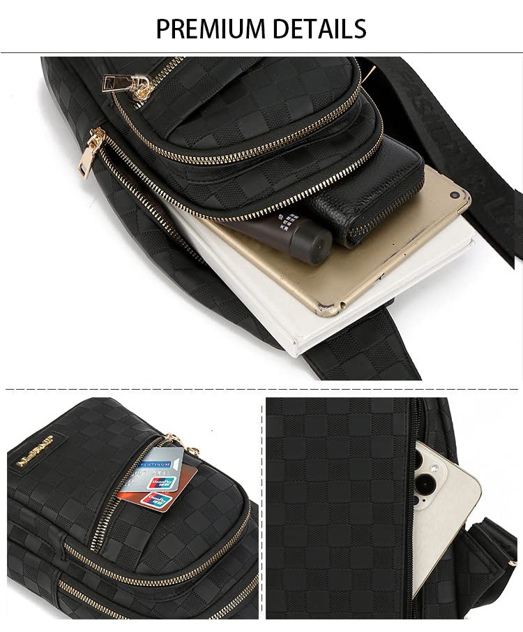 OANEXX Chest Sling Bag Women Crossbody Shoulder Sling Backpack Checkered Chest Fanny Daypack Adjustable (Black-1)